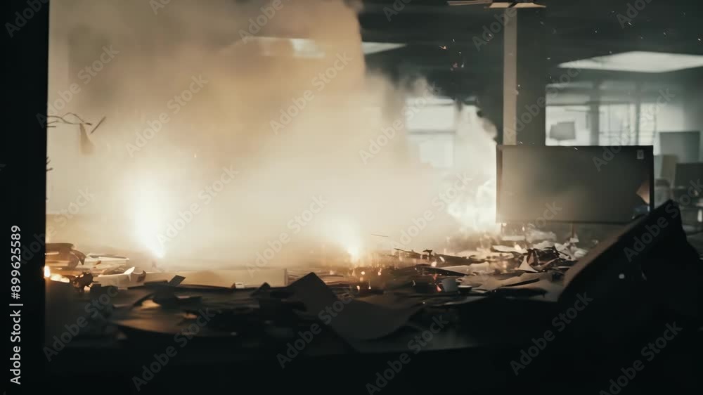 A powerful explosion rocks a derelict workspace, sending debris flying ...