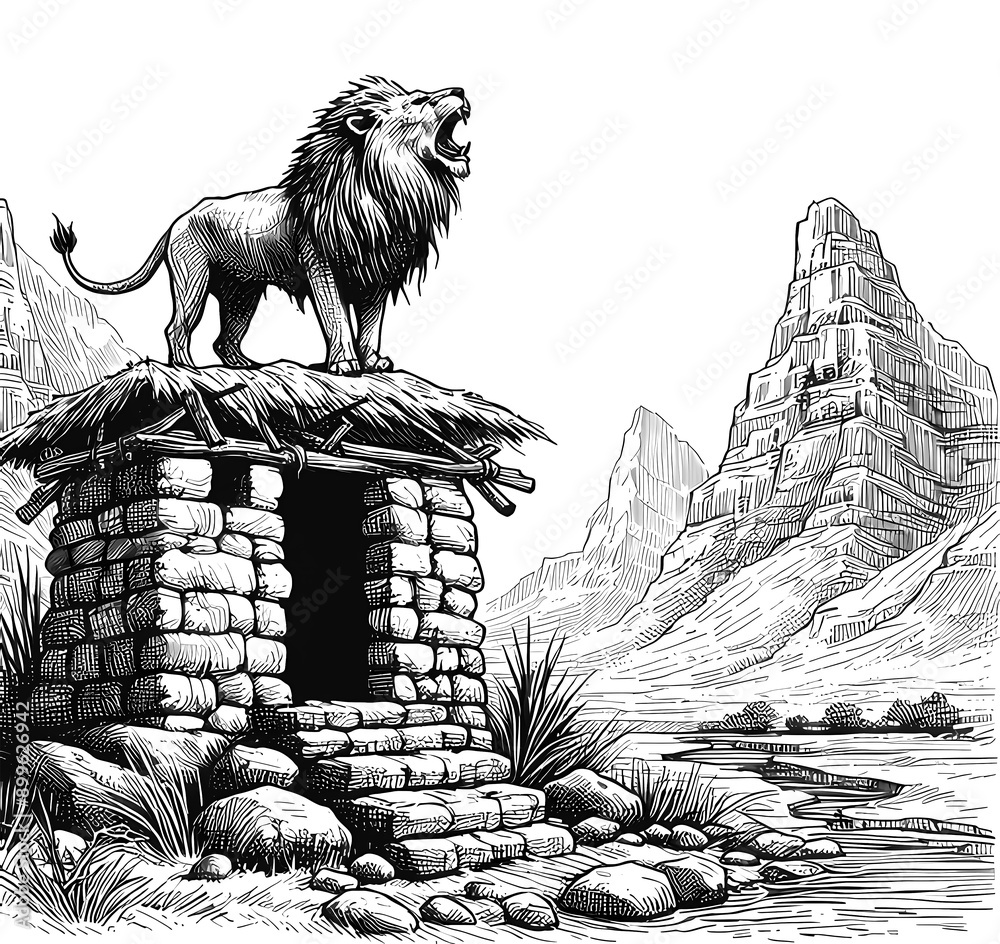 Lion perched on stone structure mountainous landscape. remote village ...