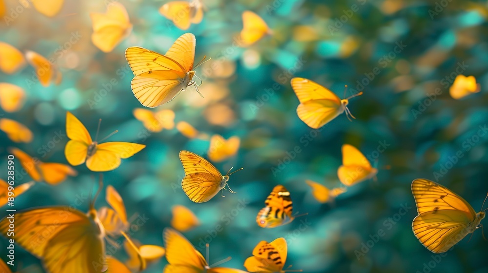 Flock of yellow butterflies in flight with one out of frame and another ...