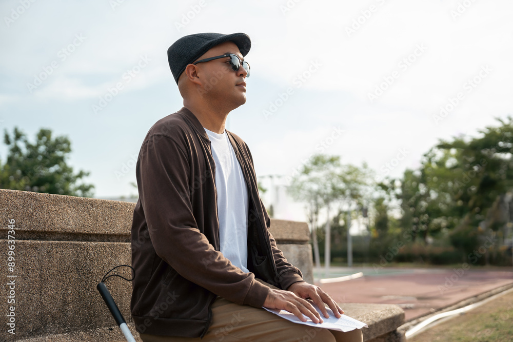 Young blind man sitting outside read some braille text on page paper ...