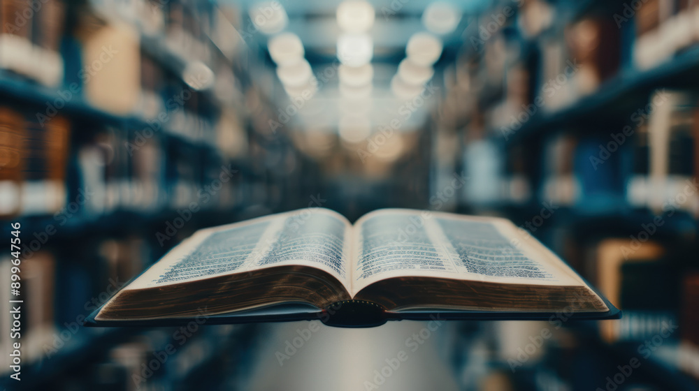 Open book floating in the library aisle amidst bookshelves, symbolizing limitless knowledge ...