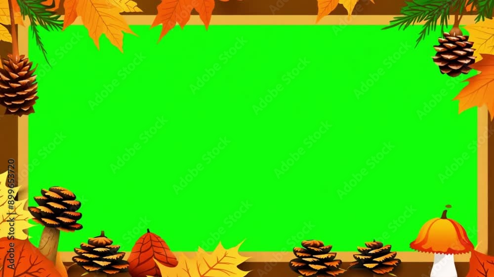 Autumn leaves,pine cones and mushroom frame animation on the green ...