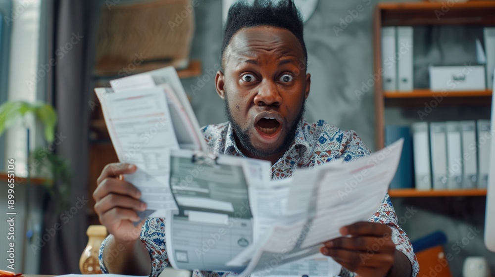 Shocked office worker reacts with wide-eyed surprise while holding ...