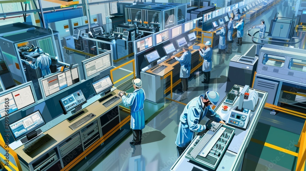 ภาพประกอบสต็อก Manufacturing quality control inspectors evaluating ...