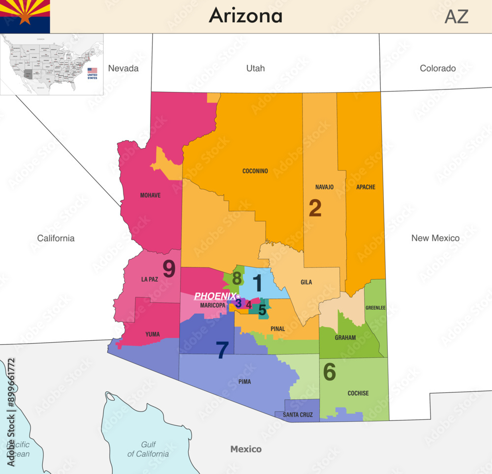 Arizona state map with counties borders and colored congressional ...