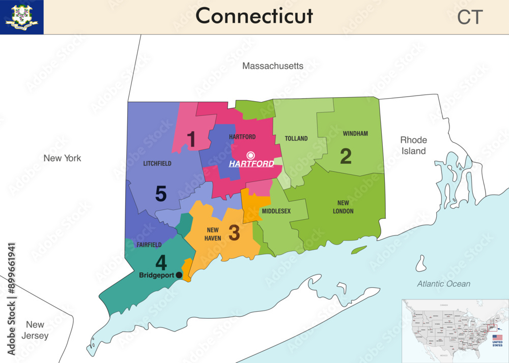 Photo Connecticut state map with counties borders and colored congressional districts boundaries ...