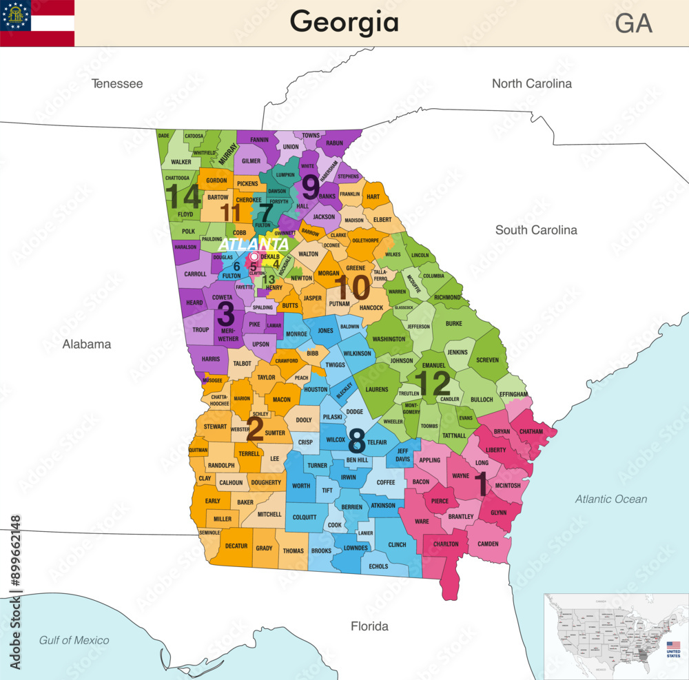 Georgia state map with counties borders and colored congressional ...