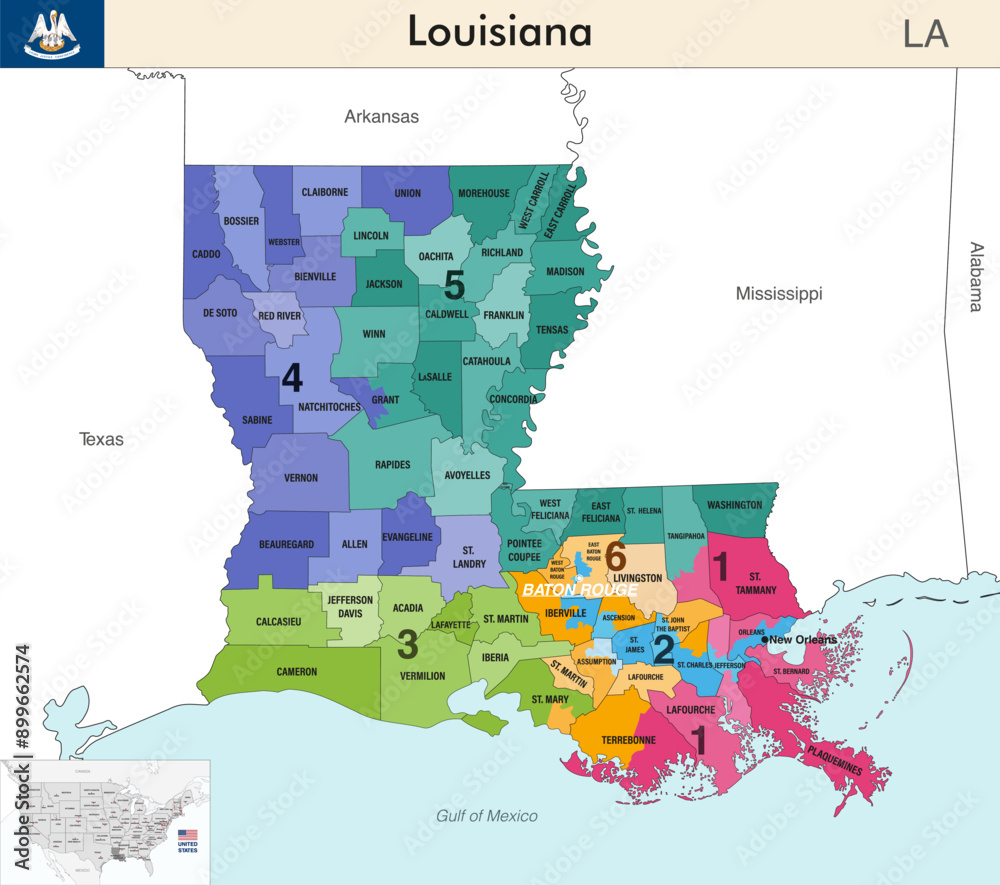 Louisiana state map with counties borders and colored congressional ...