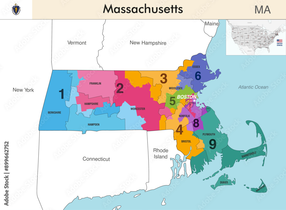 Massachusetts state map with counties borders and colored congressional ...