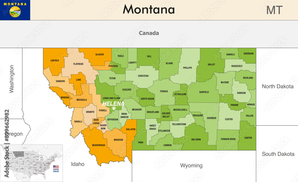Montana state map with counties borders and colored congressional ...