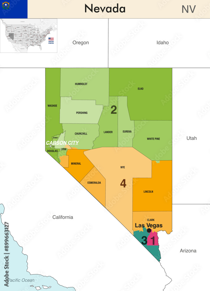 Nevada state map with counties borders and colored congressional ...