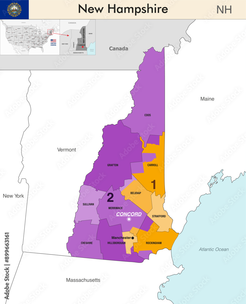 New Hampshire state map with counties borders and colored congressional ...