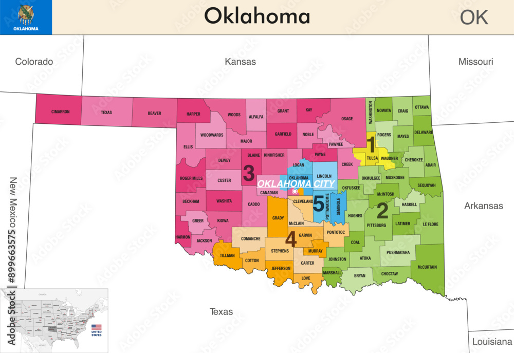 Vetor de Oklahoma state map with counties borders and colored ...