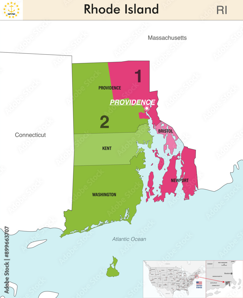 Rhode Island state map with counties borders and colored congressional ...