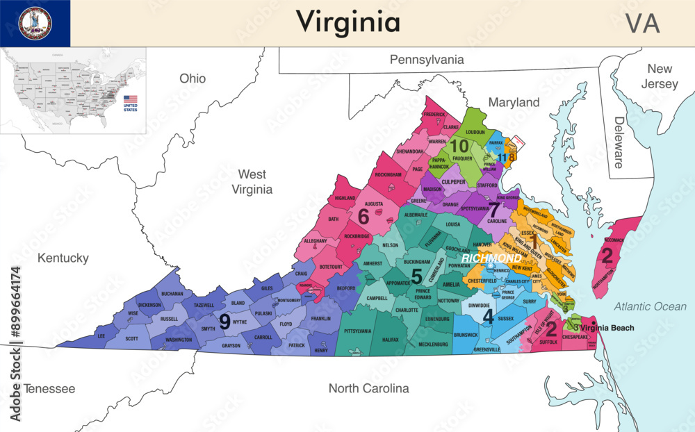 Vetor de Virginia state map with counties borders and colored ...
