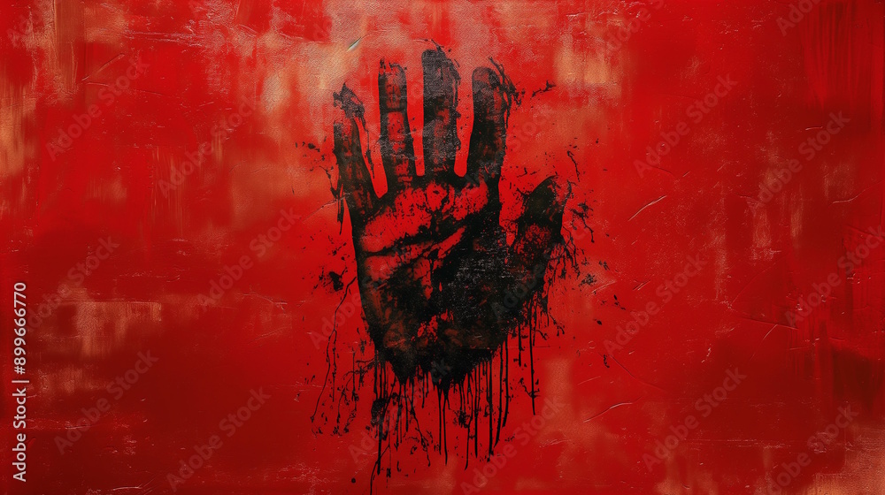 Bloody handprint on a red textured background, concept of horror and ...