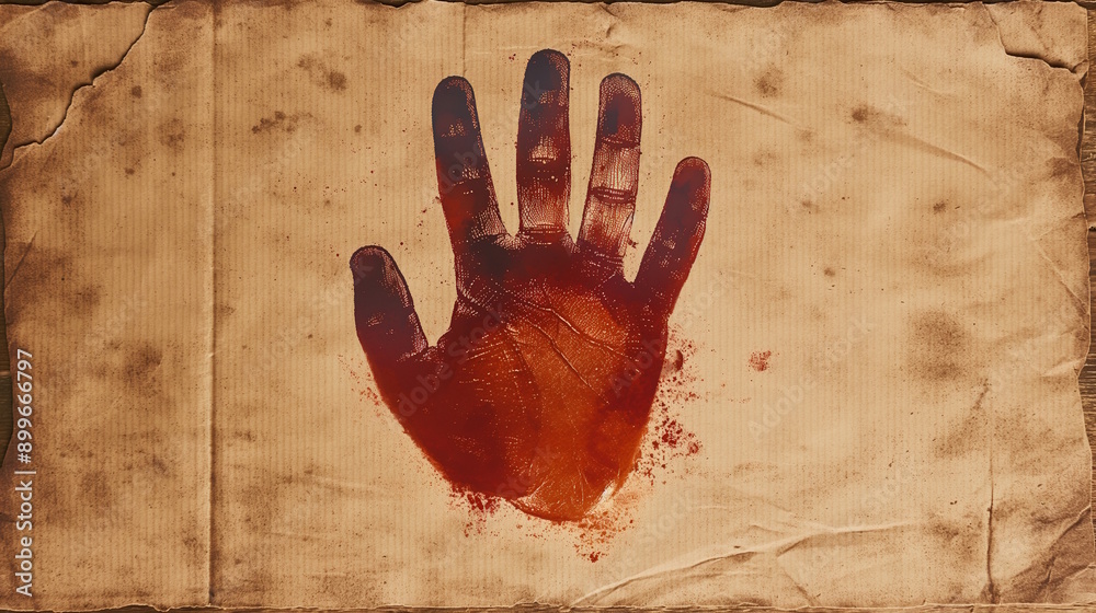Bloody handprint on old parchment paper, concept of mystery and ...