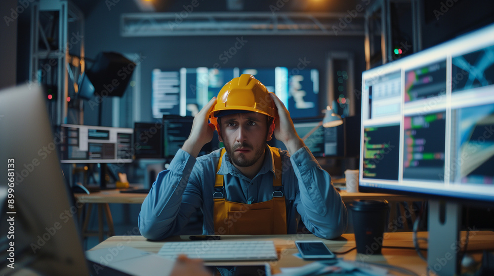 stressed-program-developer-working-on-code-in-office-with-safety-helmet ...
