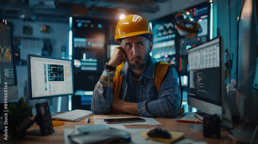stressed-program-developer-working-on-code-in-office-with-safety-helmet ...