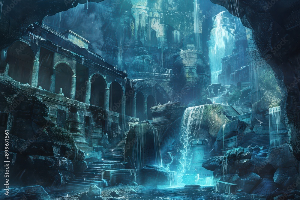 Ancient temple ruins in a flooded underground cavern with waterfalls ...