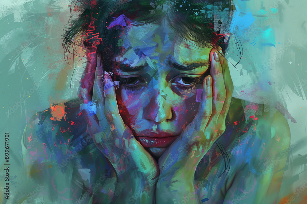 An evocative digital artwork portraying a woman overwhelmed by anxiety ...