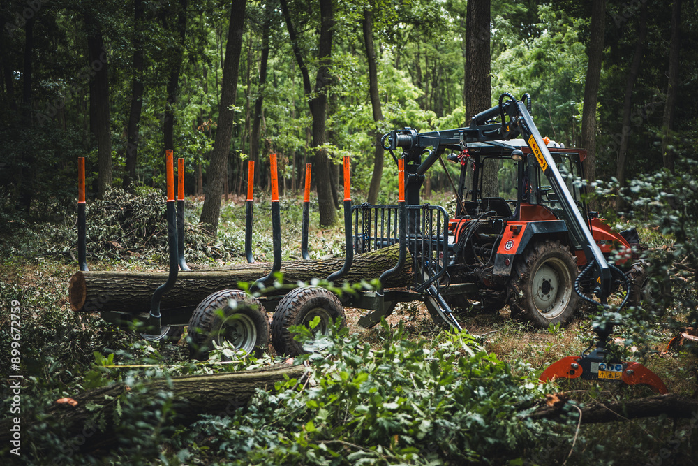 Forwarder tractor for wood transport. Tractor with trailer loaded with ...