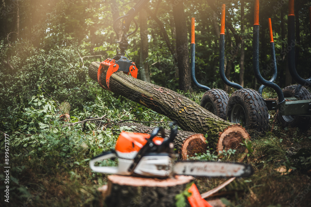 Forwarder tractor for wood transport. Tractor with trailer loaded with ...