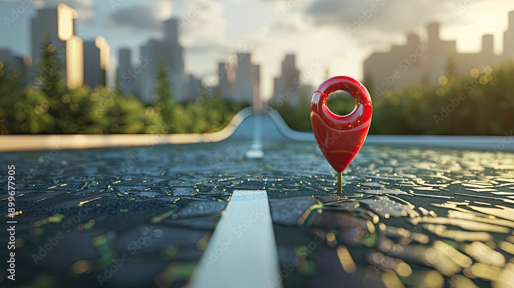 Modern road with a red map pin close-up, leading to a contemporary city ...
