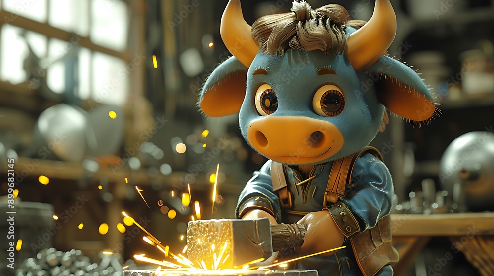 A 3D cartoon blacksmith, a strong ox with a determined expression ...