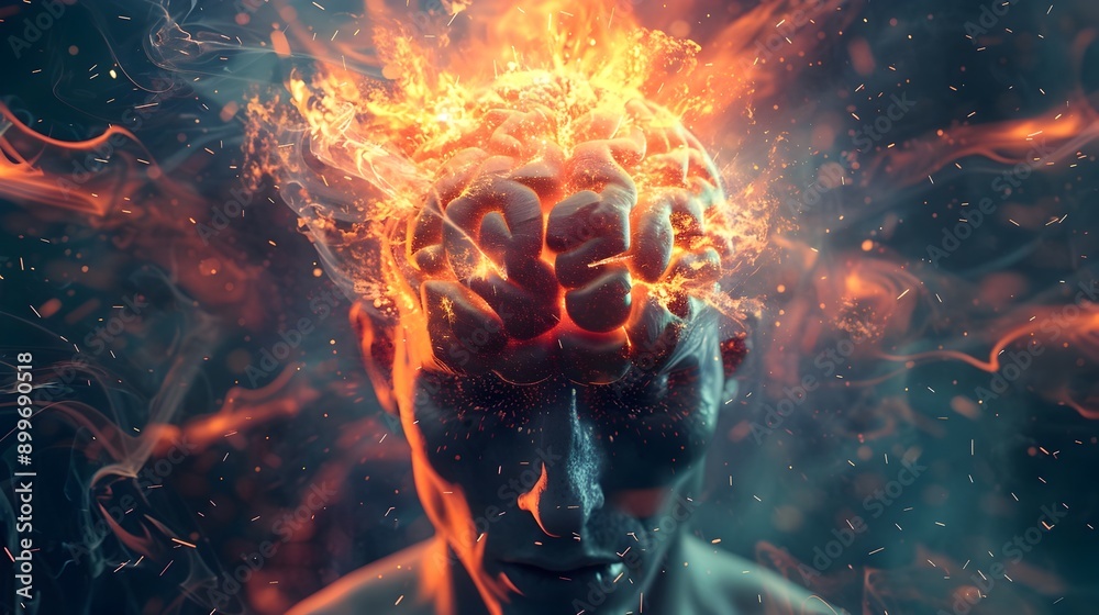 Explosive rupture of a male cranium with molten mind matter erupting in ...