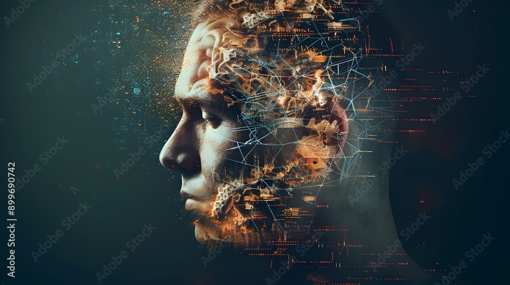 ภาพประกอบสต็อก Surreal futuristic digital portrait showcasing a man s ...