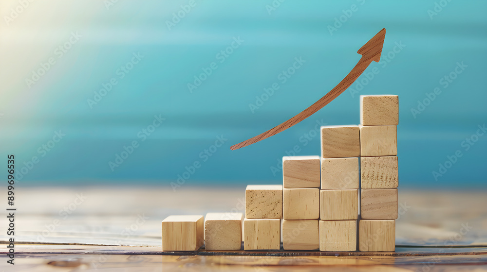 growth and progress through ascending wooden blocks and a curved arrow ...