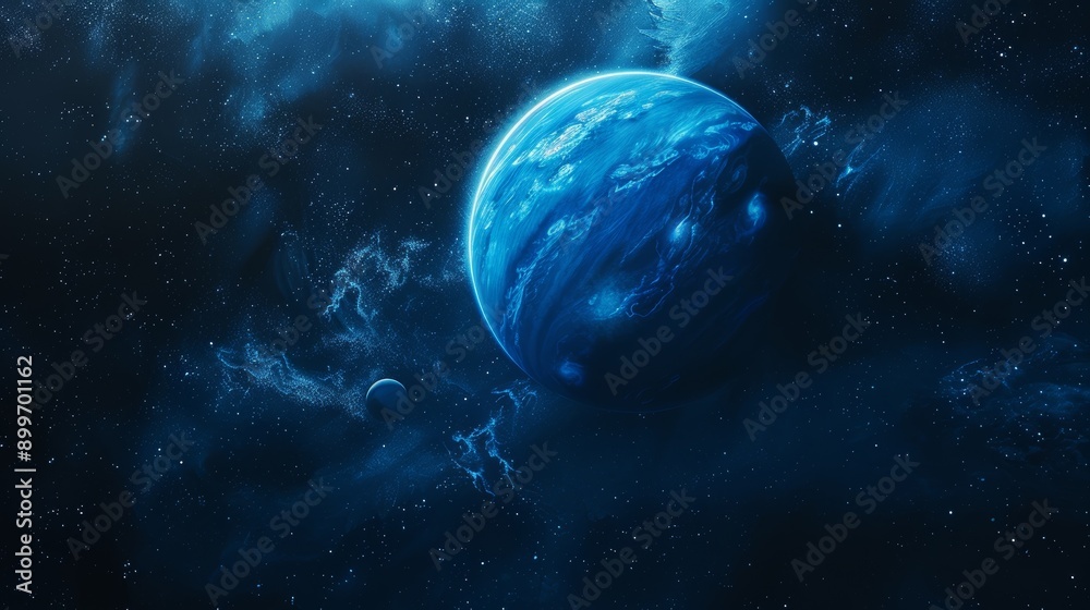 Neptune, showing its deep blue atmosphere and the dark storm systems. a ...