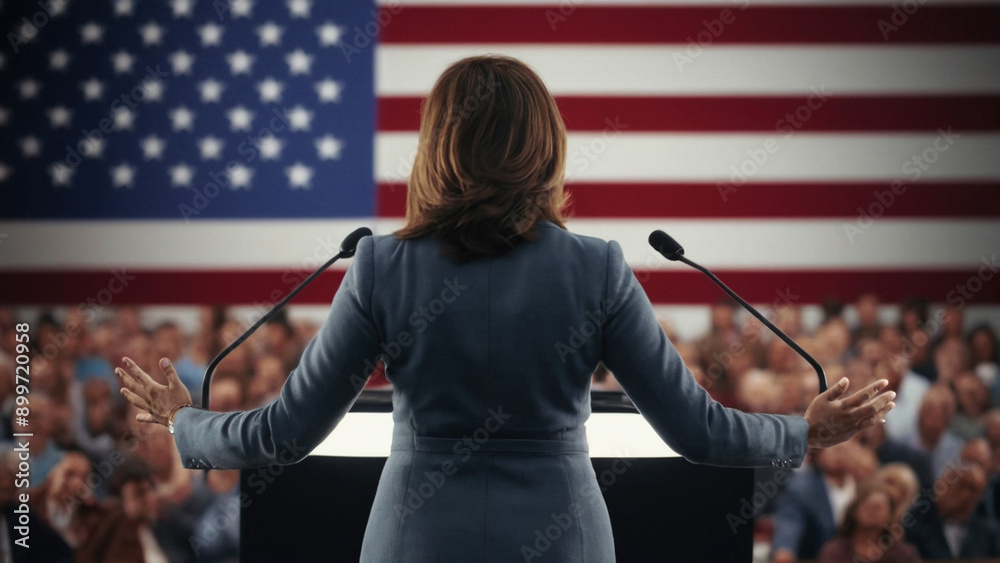 A US female political leader addresses a crowd from a podium with the ...