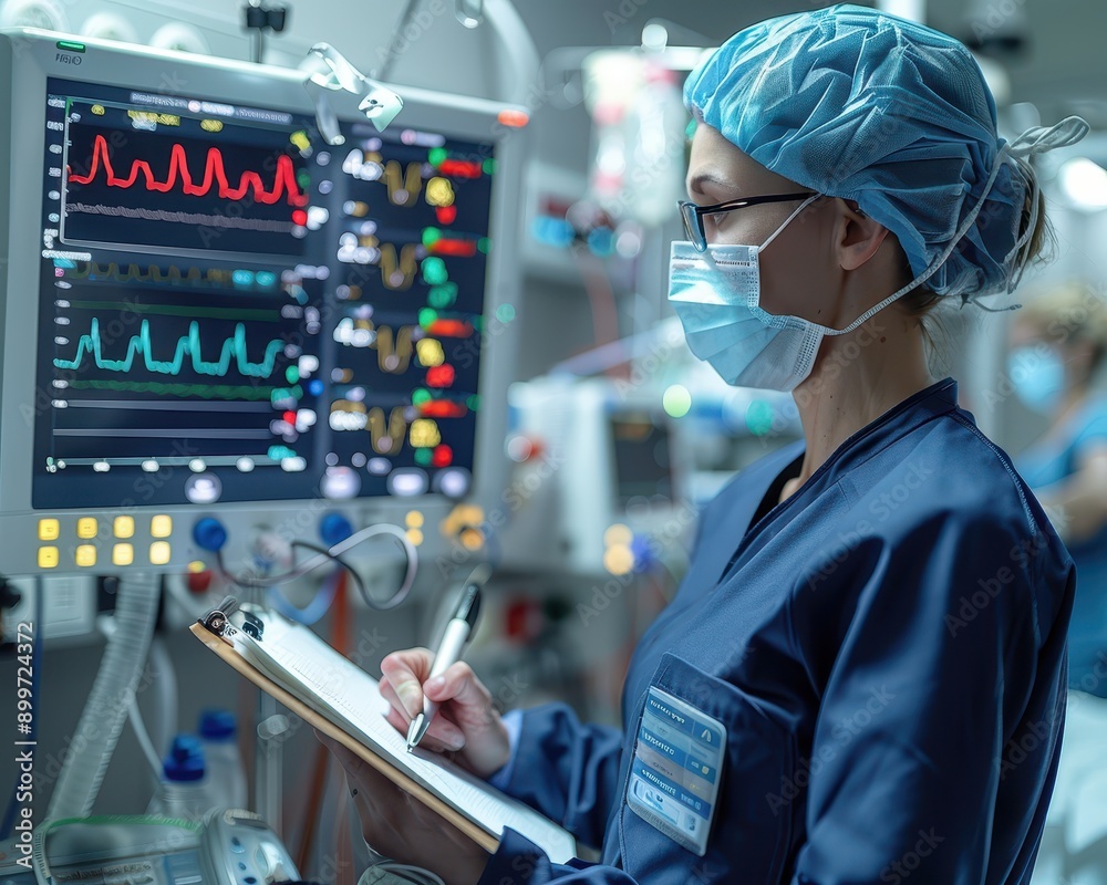 Healthcare Professional Monitoring Patient's Heart Rate in ICU with ...