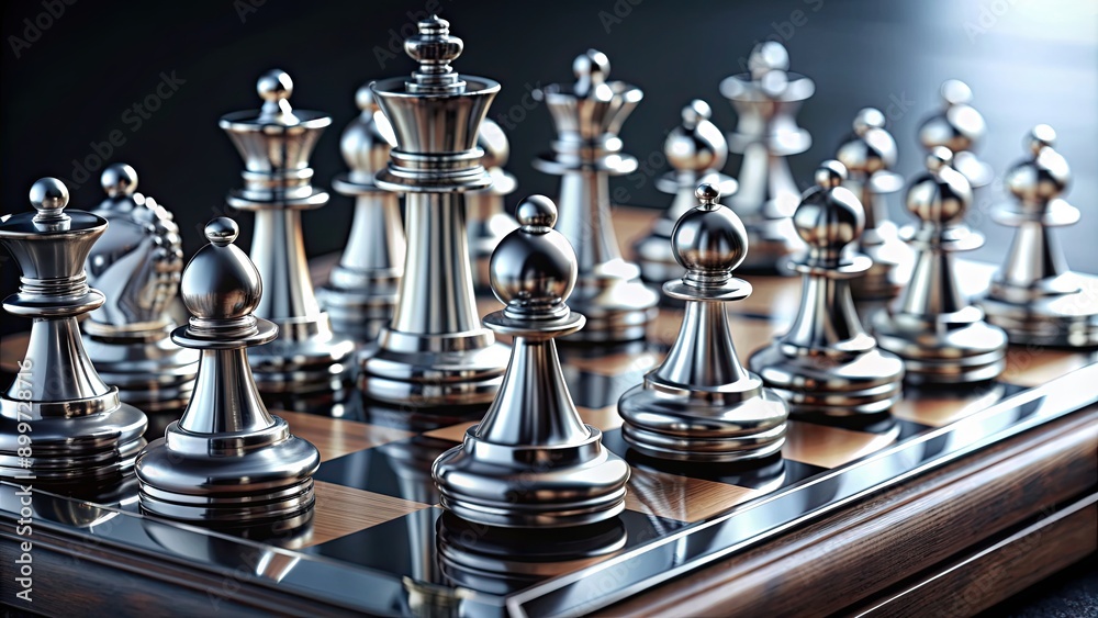Sleek chrome chess pieces on classic board, sleek, chrome, chess ...