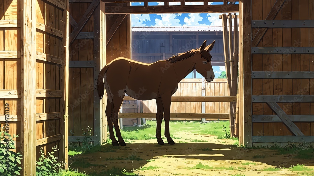 donkey in stable background anime cartoon illustration Stock ...