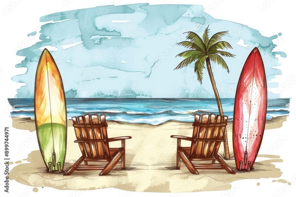 Surf Board Clip Art. Set of Illustrated Surfboards with Beach Chairs on ...