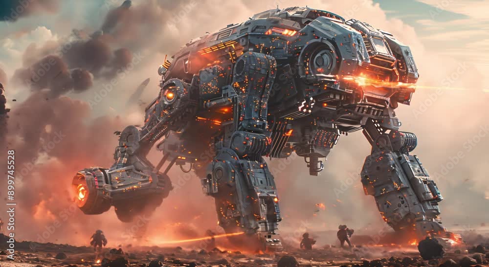 Giant Mech in Battle: A colossal, futuristic mech stomps through a ...