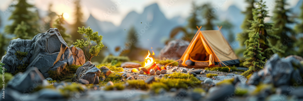 Miniature campsite with flickering fire under the mountains at dusk ...