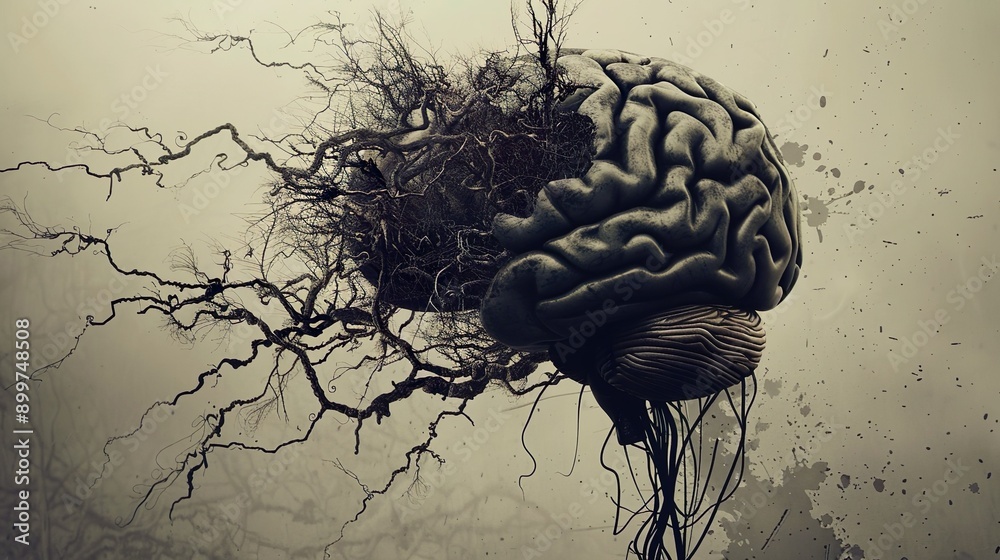 An artistic depiction of a human brain with dark, tangled vines growing ...