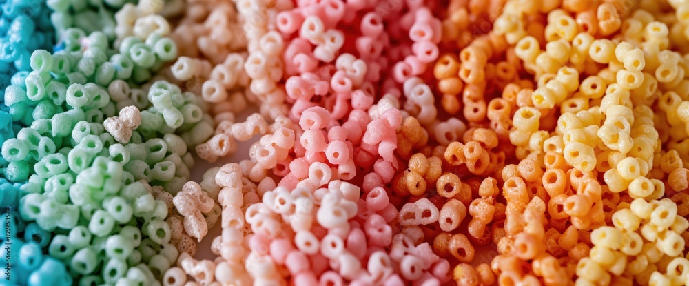 Macro close-up of light airy colourful rainbow rice krispies, Rice ...