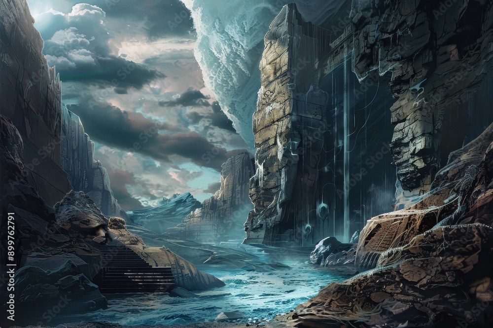 Ancient alien ruins stand tall in a mysterious valley surrounded by ...