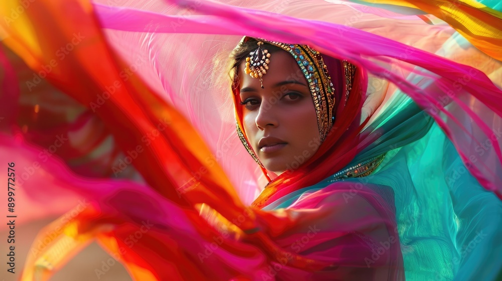 Young Indian woman gracefully moves, her colorful veil flowing around ...