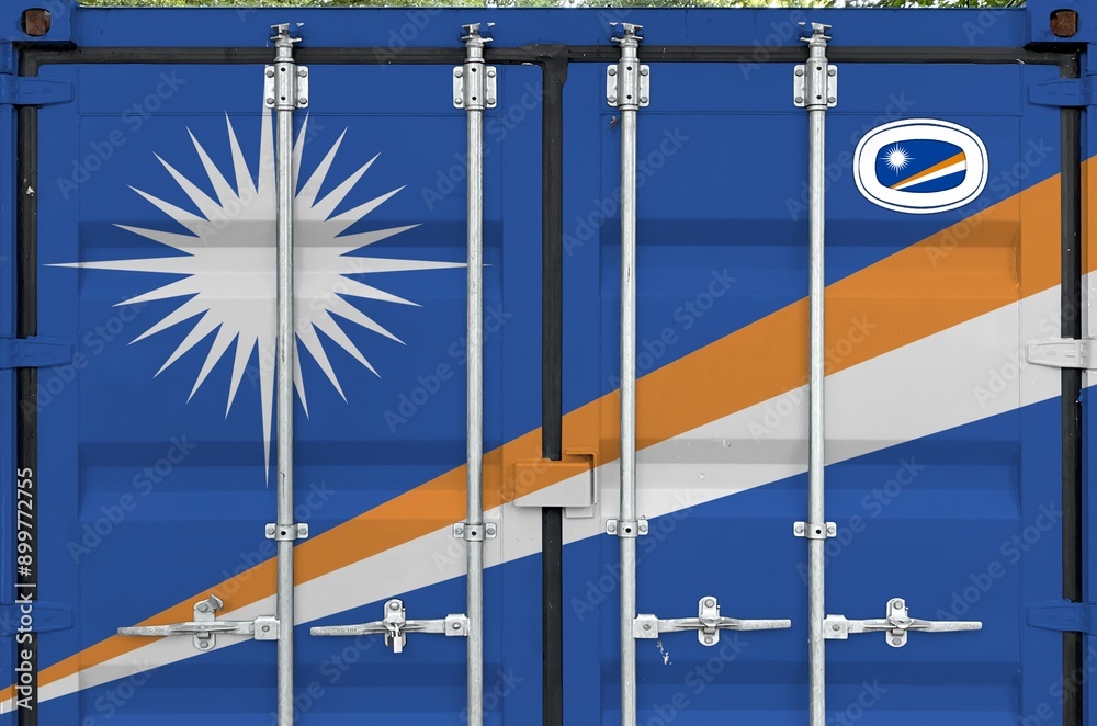 Marshall Islands flag depicted on metal doors of shipping cargo ...