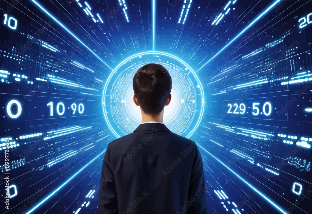 Innovative Future: Man Standing in Front of Digital Clocks and Graphs ...