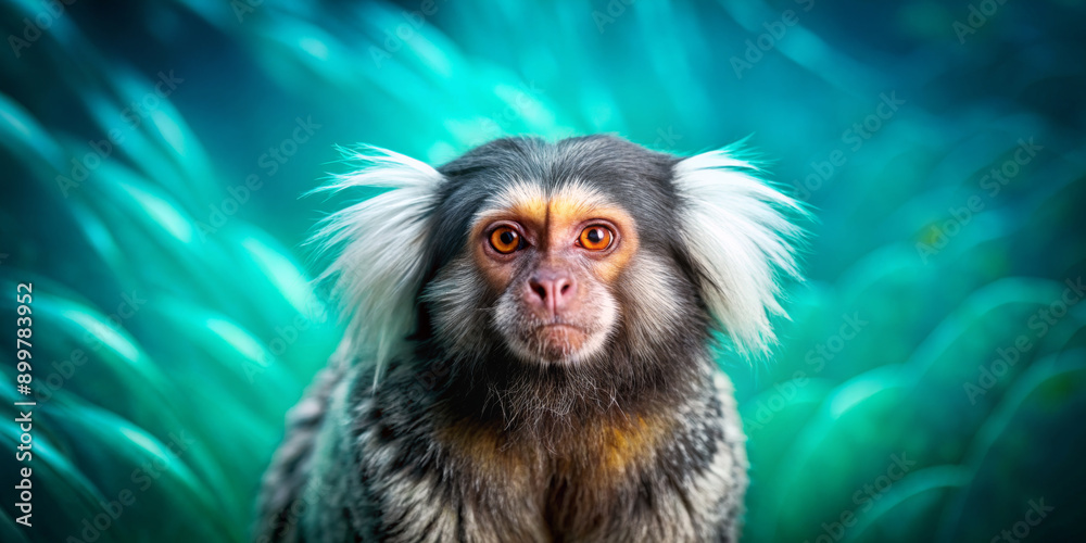 A small primate with white tufted ears and expressive eyes is centered ...