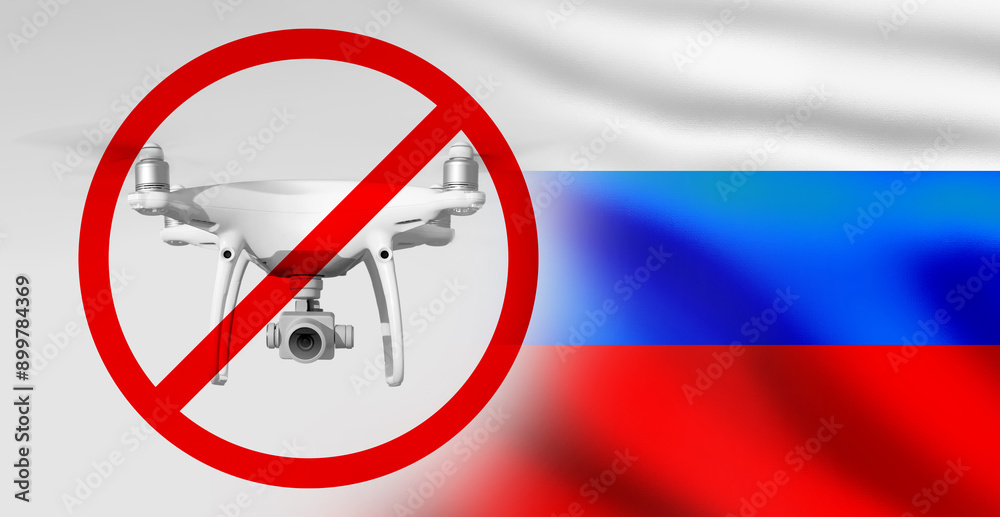 Crossed out quadcopter. Flag Russia. Sign prohibiting supply of drones ...