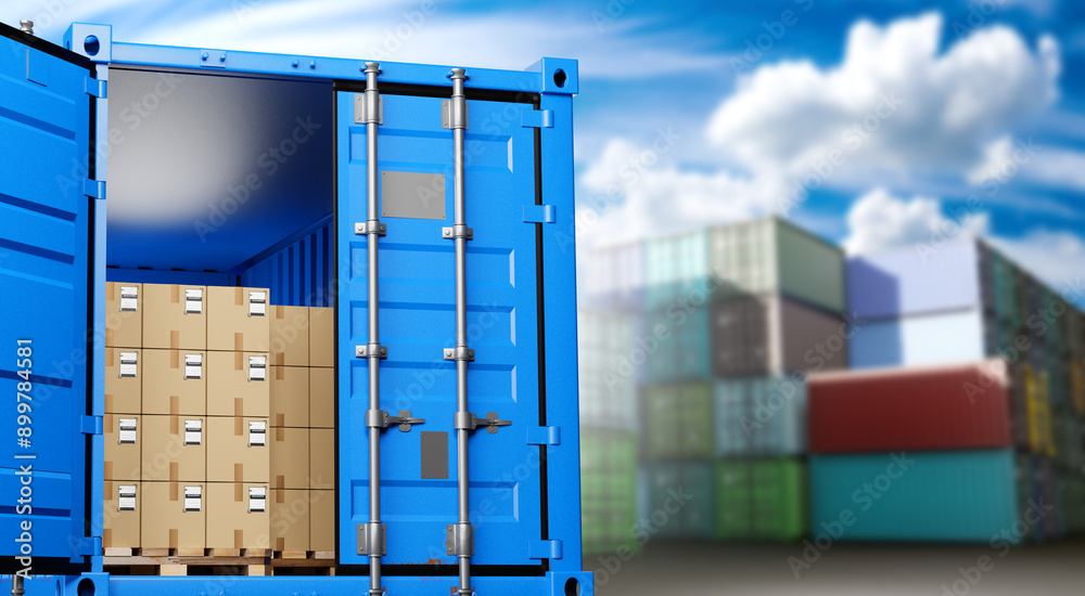 Container yard at port. Open sea container with parcels. Container yard ...