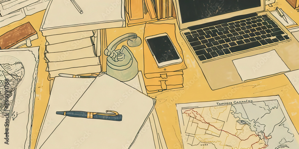 Campaign Manager's Desk: A busy desk with a laptop, phone, maps, and ...